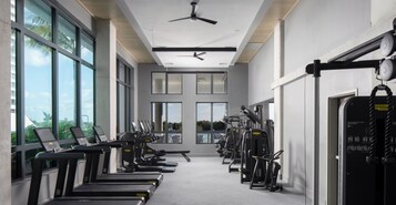 Uma academia com esteiras, elípticos e equipamentos de musculação.