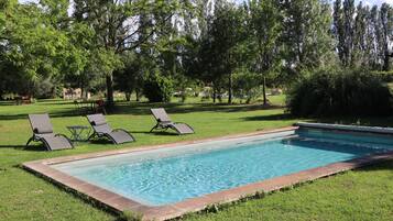 Piscina retangular com borda azulejada, rodeada por uma área gramada com três espreguiçadeiras e uma mesa pequena.