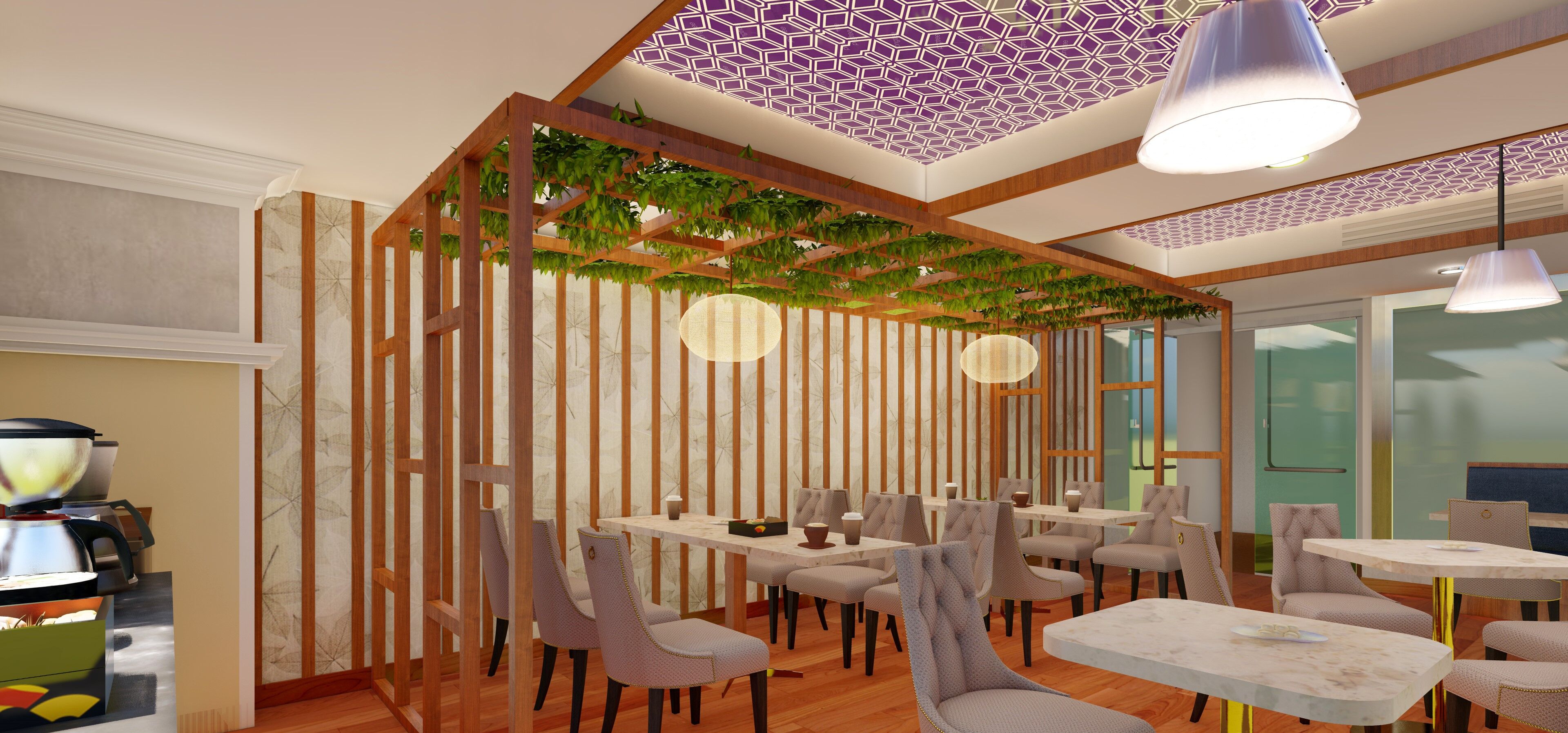 Interior de restaurante moderno com divisórias de madeira, plantas pendentes e iluminação contemporânea.