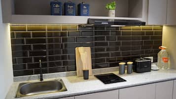 Minifrigorífico, um micro-ondas no espaço comum, uma placa de cozinha