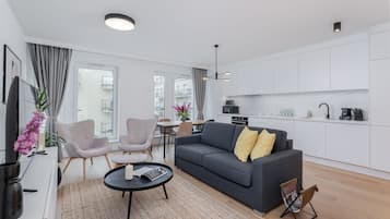 Apartamento executivo, 2 quartos | Área de estar | TV LED 55 polegadas com canais a cabo, TV, Netflix