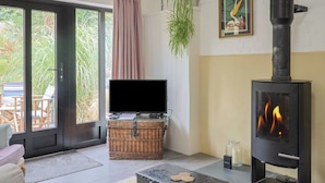 Uma sala de estar com televisão, lareira, cesto de vime e porta de vidro corria para uma área externa.