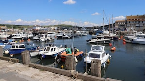 Uma marina com vários barcos atracados, céu claro e edifícios ao fundo.