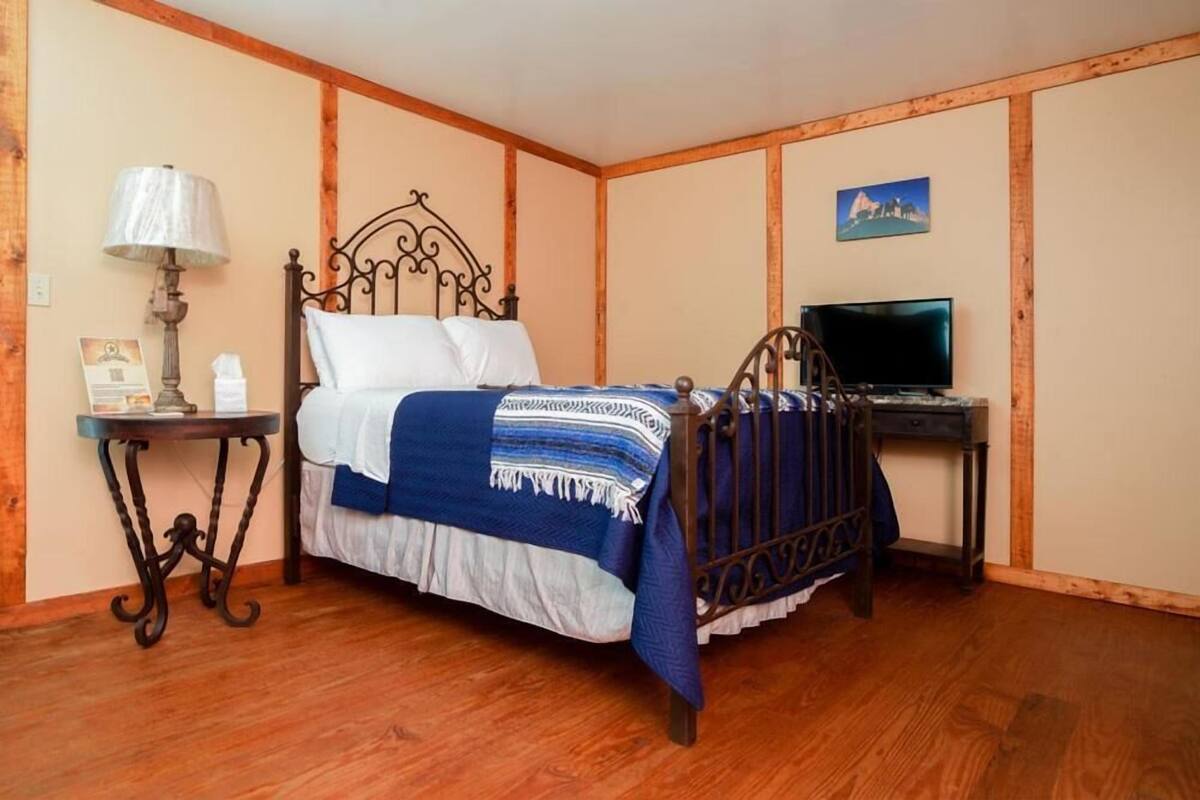 Quarto com cama, mesa de cabeceira com abajur, televisão e um quadro na parede.