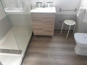 Casa de banho com chuveiro, sanita e toucador com gavetas.