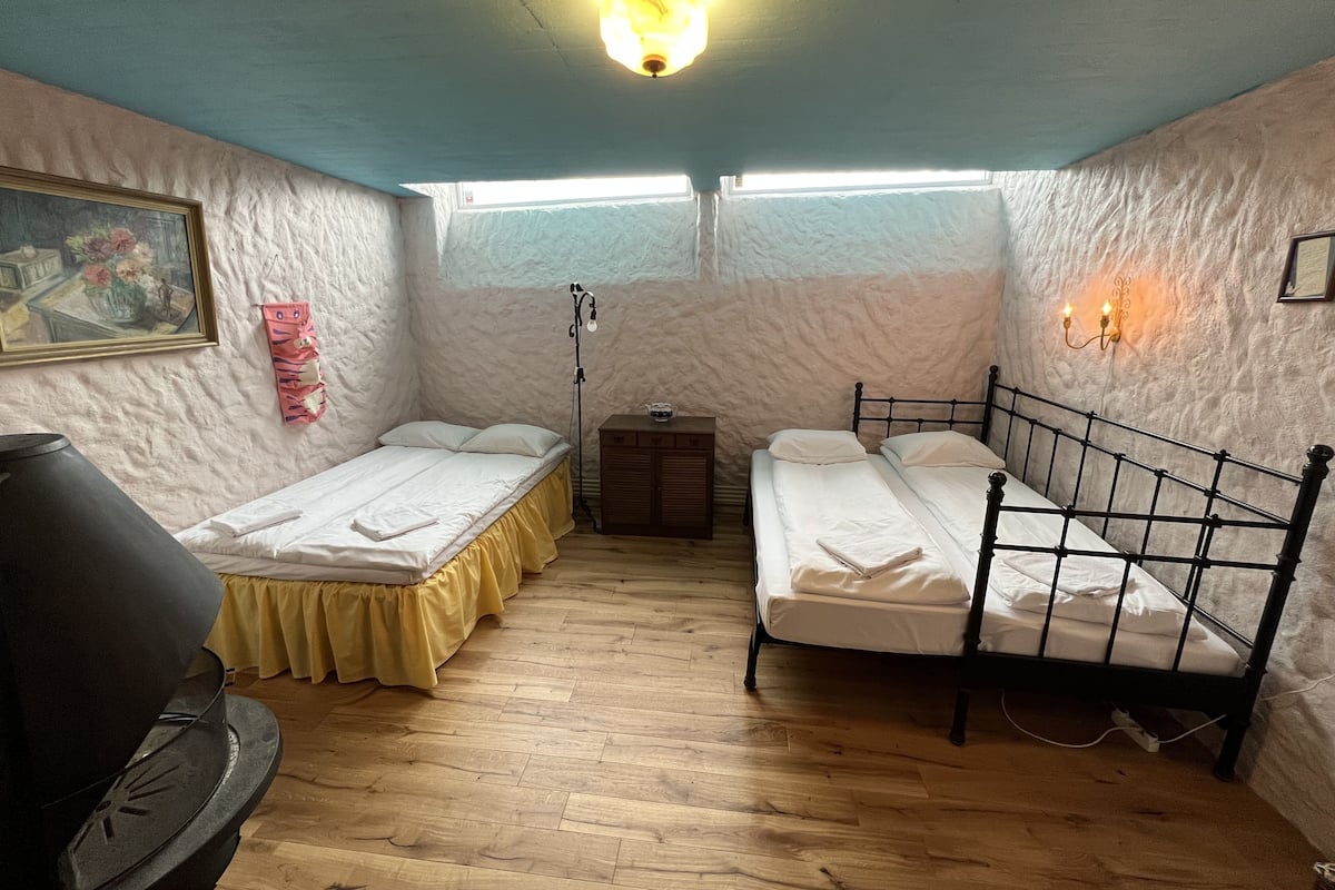 Um quarto pequeno e acolhedor com duas camas de solteiro, piso de madeira, um quadro na parede e uma luminária no teto.