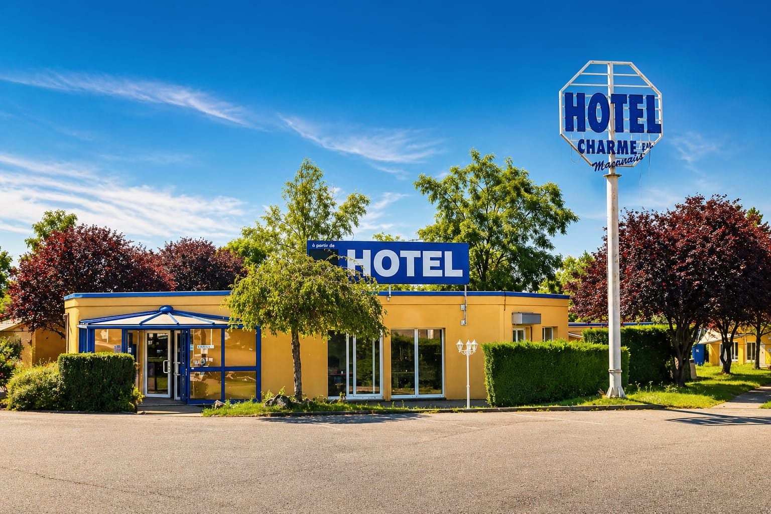 Um hotel com uma placa azul, um prédio amarelo e um céu claro.