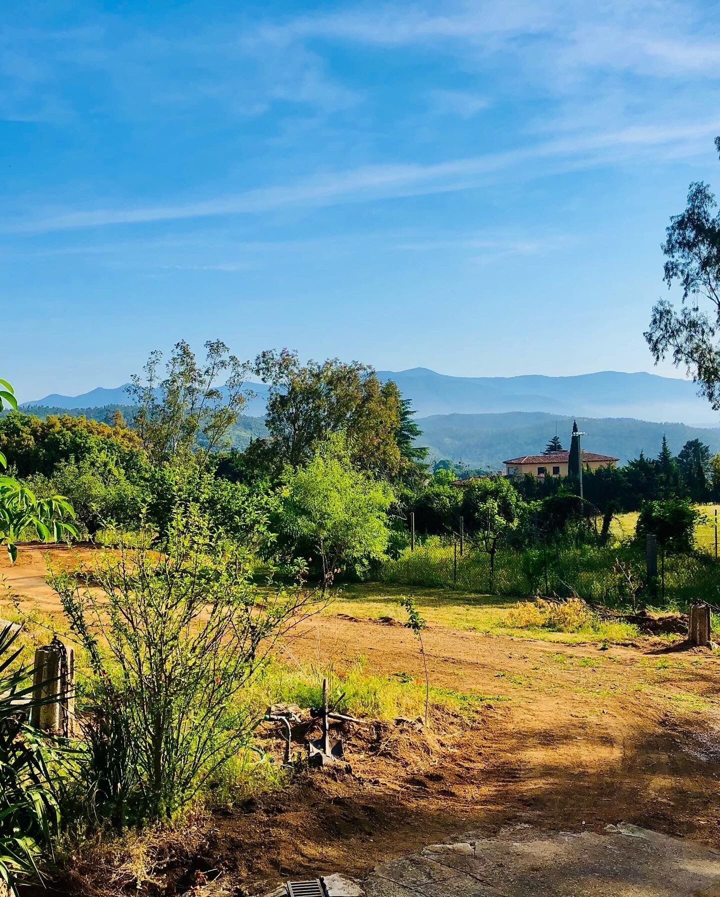 Paisagem rural com trilha de terra, vegetação e um edifício distante com telhado vermelho.