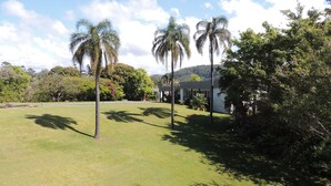 Uma área gramada com palmeiras e um edifício com fachada branca e um terraço coberto.