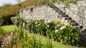 Uma escadaria de pedra leva a um edifício amarelo, cercado por jardins exuberantes com diversas plantas floridas.