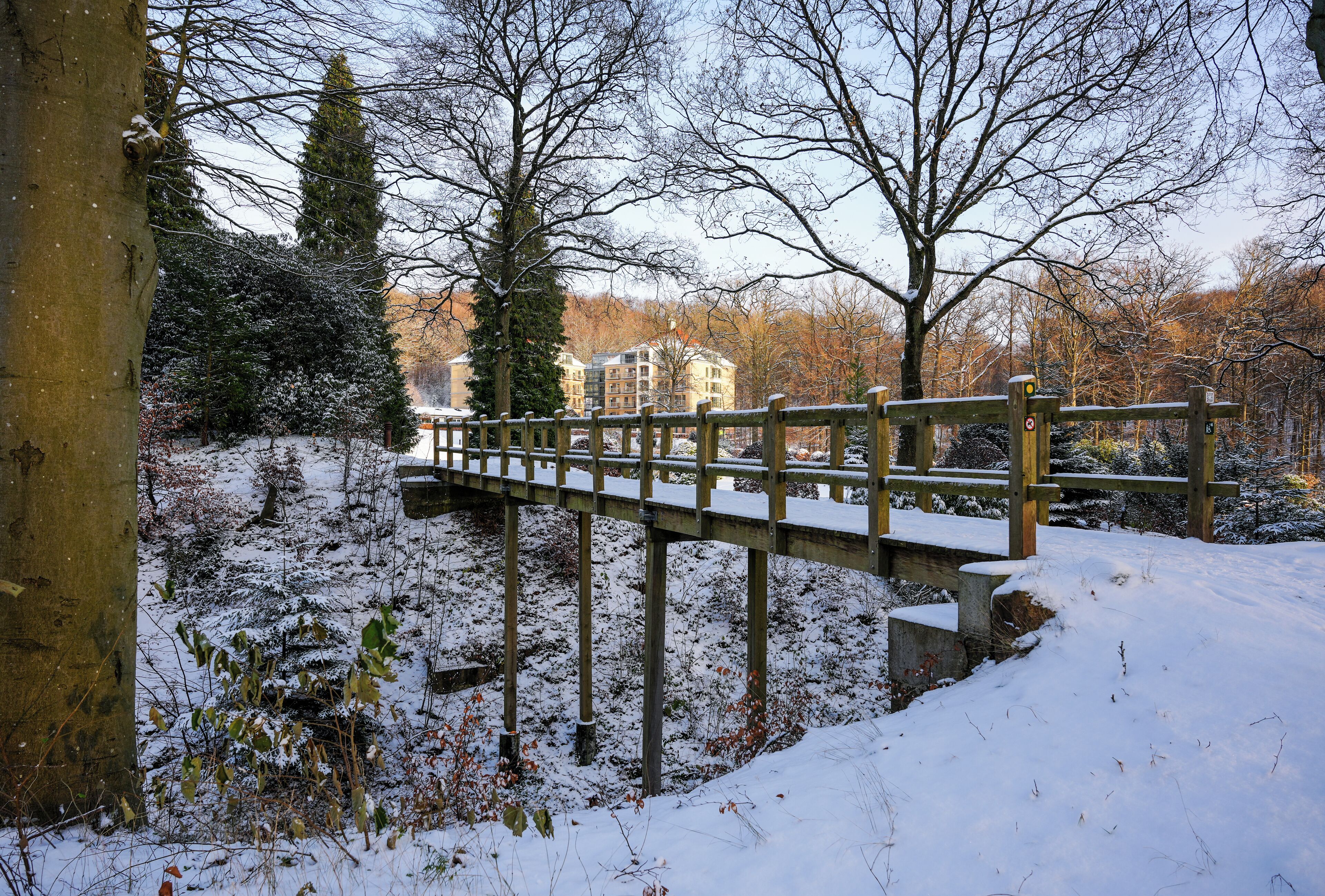 Uma ponte de madeira sobre uma área coberta de neve, com árvores e edifícios ao fundo.