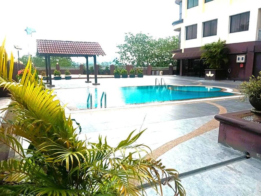 Piscina com deck revestido, rodeada por plantas em vasos e um gazebo.