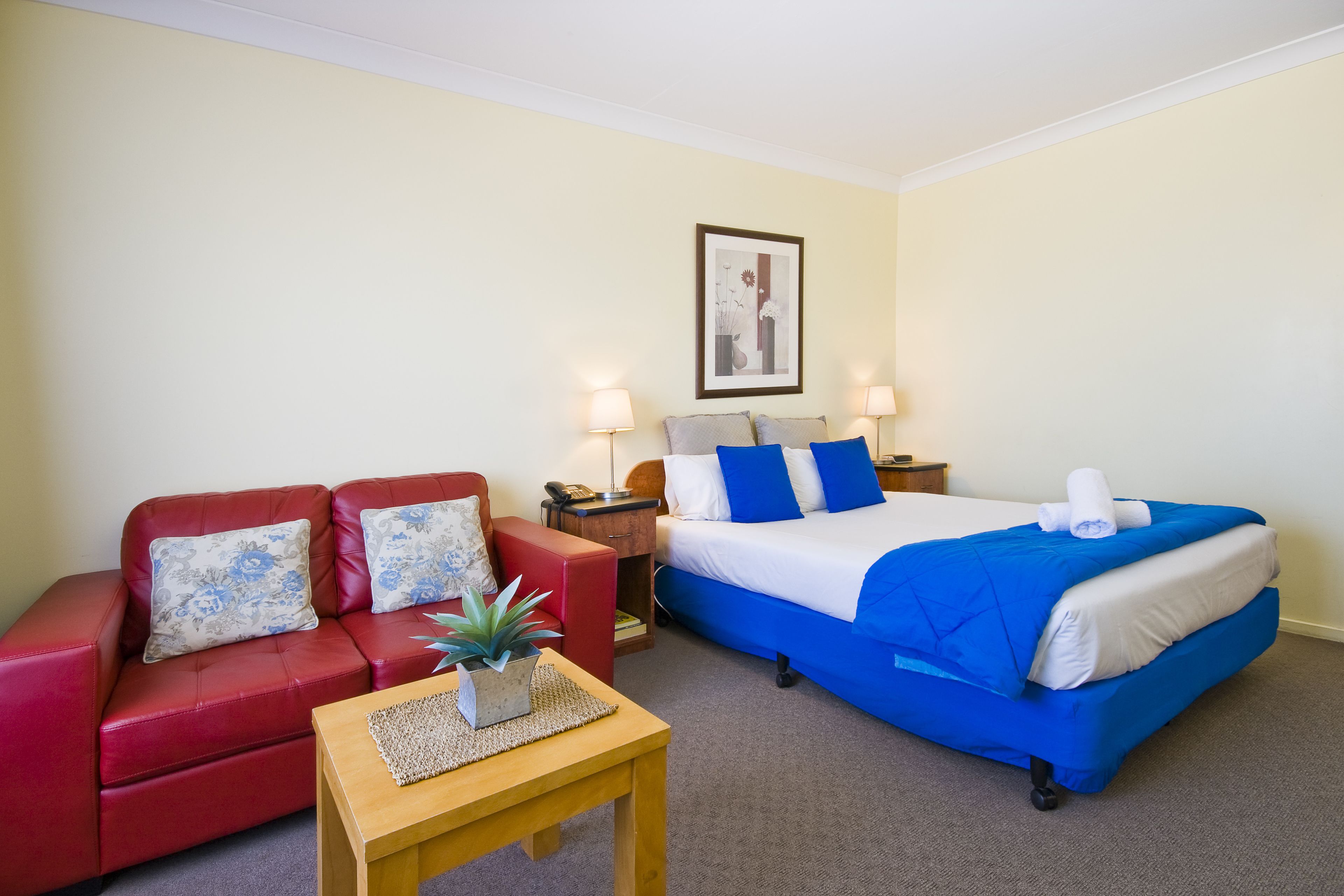 Quarto de hotel com sofá vermelho, cama com roupa de cama azul, mesa pequena com uma planta e um quadro na parede.