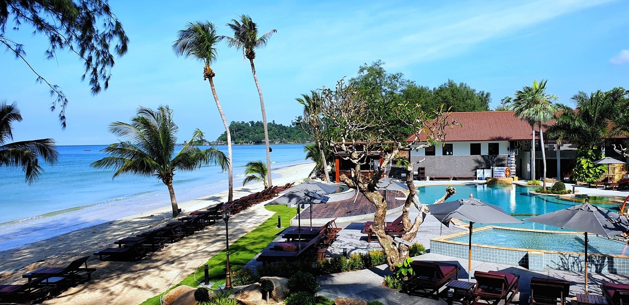 Resort com piscina, praia e palmeiras.