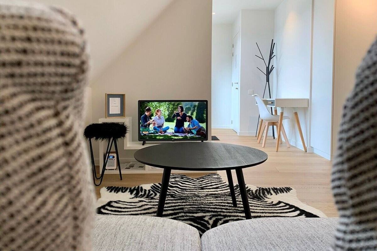 Uma sala de estar moderna com televisão, mesa de centro redonda e tapete com padrão de zebra.