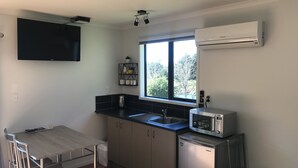 Cozinha compacta com janela, TV de tela plana, micro-ondas e geladeira.