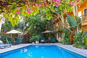 Piscina com espreguiçadeiras e guarda-sóis, rodeada por vegetação exuberante e um edifício com varandas.