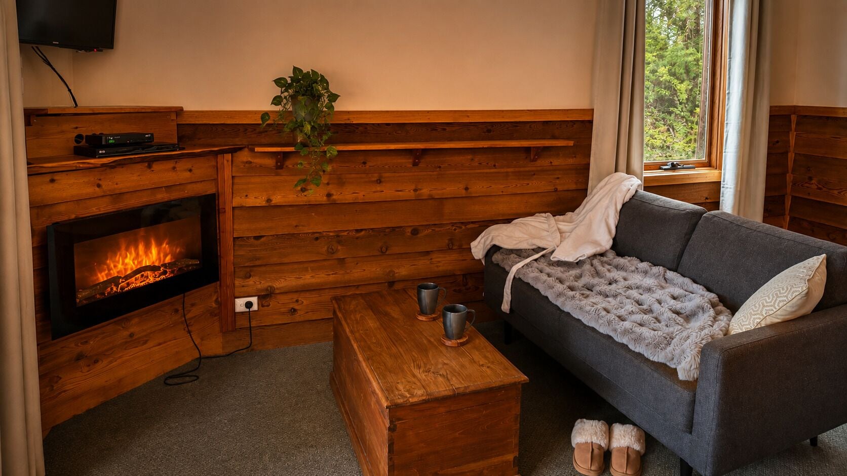Uma sala de estar aconchegante com lareira, um sofá, uma mesa de centro e uma planta.
