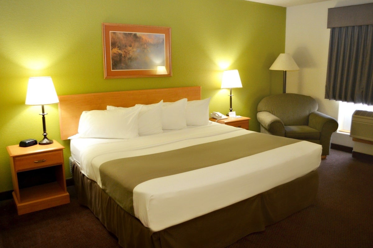 Quarto de hotel com uma cama grande, duas mesas de cabeceira com luminárias, uma cadeira e um quadro na parede.