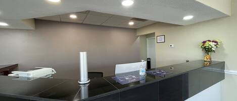 Uma receção com balcão preto, um objeto cilíndrico branco e um quadro na parede.
