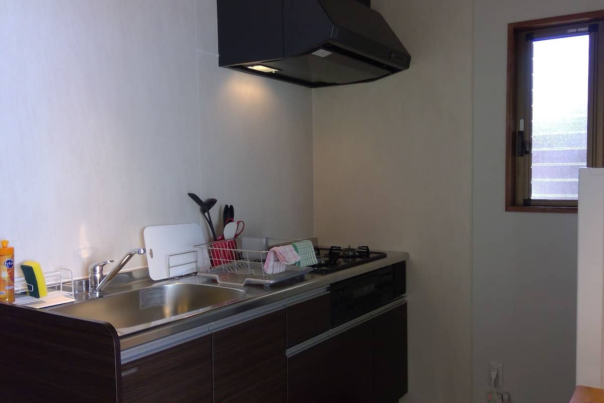 Cozinha compacta com fogão a gás, pia de aço inoxidável e armários de madeira.