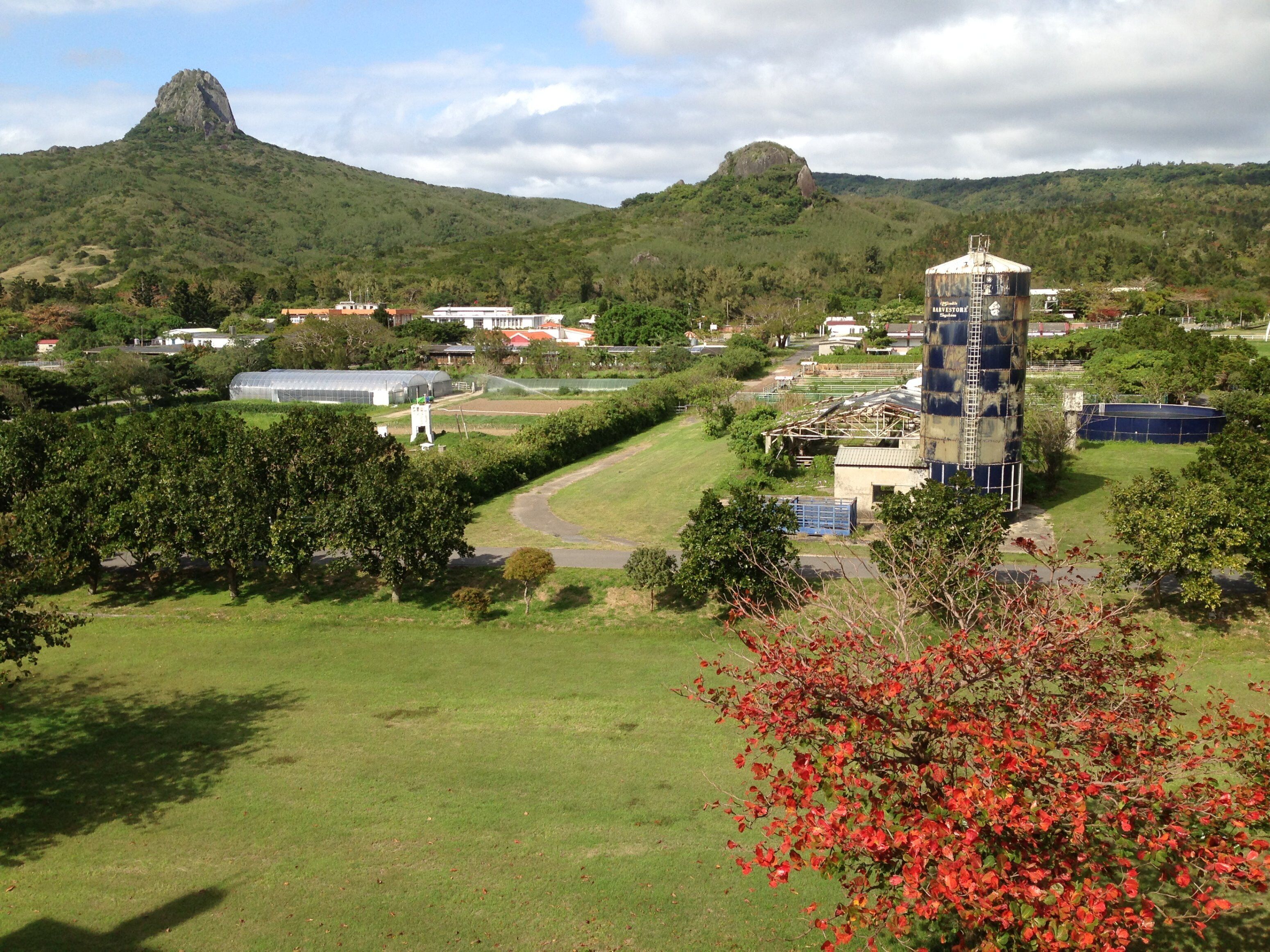 Paisagem rural com uma grande torre d'água, campos verdes e uma montanha ao fundo.
