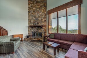 TV de ecrã plano, lareira, leitor de DVD 