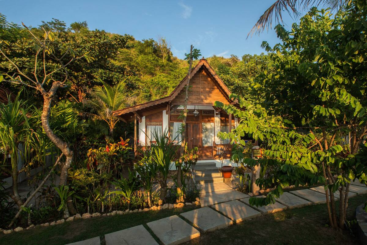 Uma casa de madeira rodeada por vegetação exuberante, com um caminho de pedra que leva à entrada.