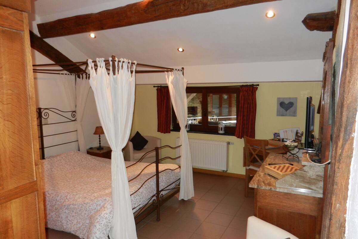Quarto com cama de dossel, escrivaninha com cadeira, janela com cortinas e radiador.
