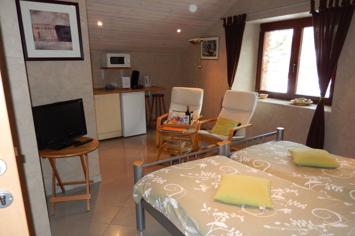 Quarto com duas camas, televisão, pequeno-almoço e janela com cortinas.