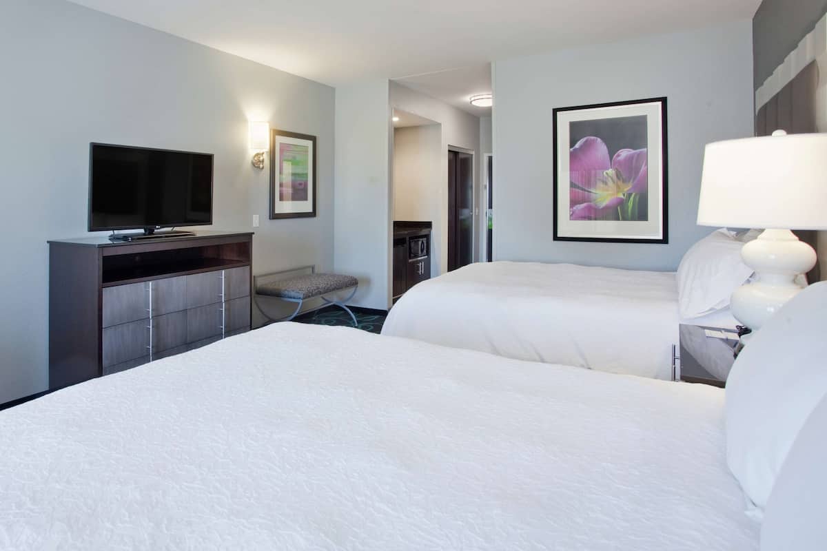 Quarto de hotel com duas camas, uma televisão, uma escrivaninha com abajur e um quadro na parede.