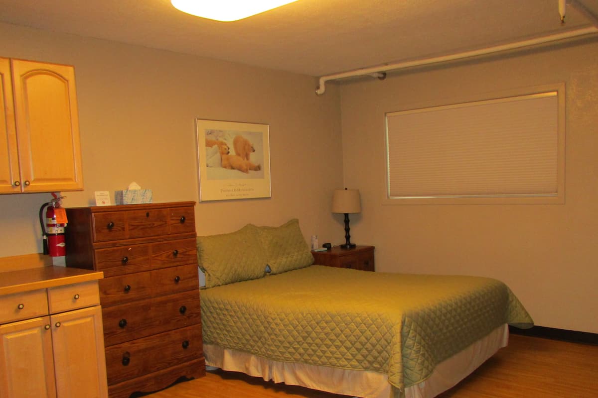 Quarto com cama, cómoda, mesa de cabeceira, luminária e um quadro na parede.