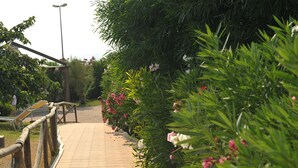 Um caminho pavimentado ladeado por diversas plantas floridas e um cercado de madeira de um lado.