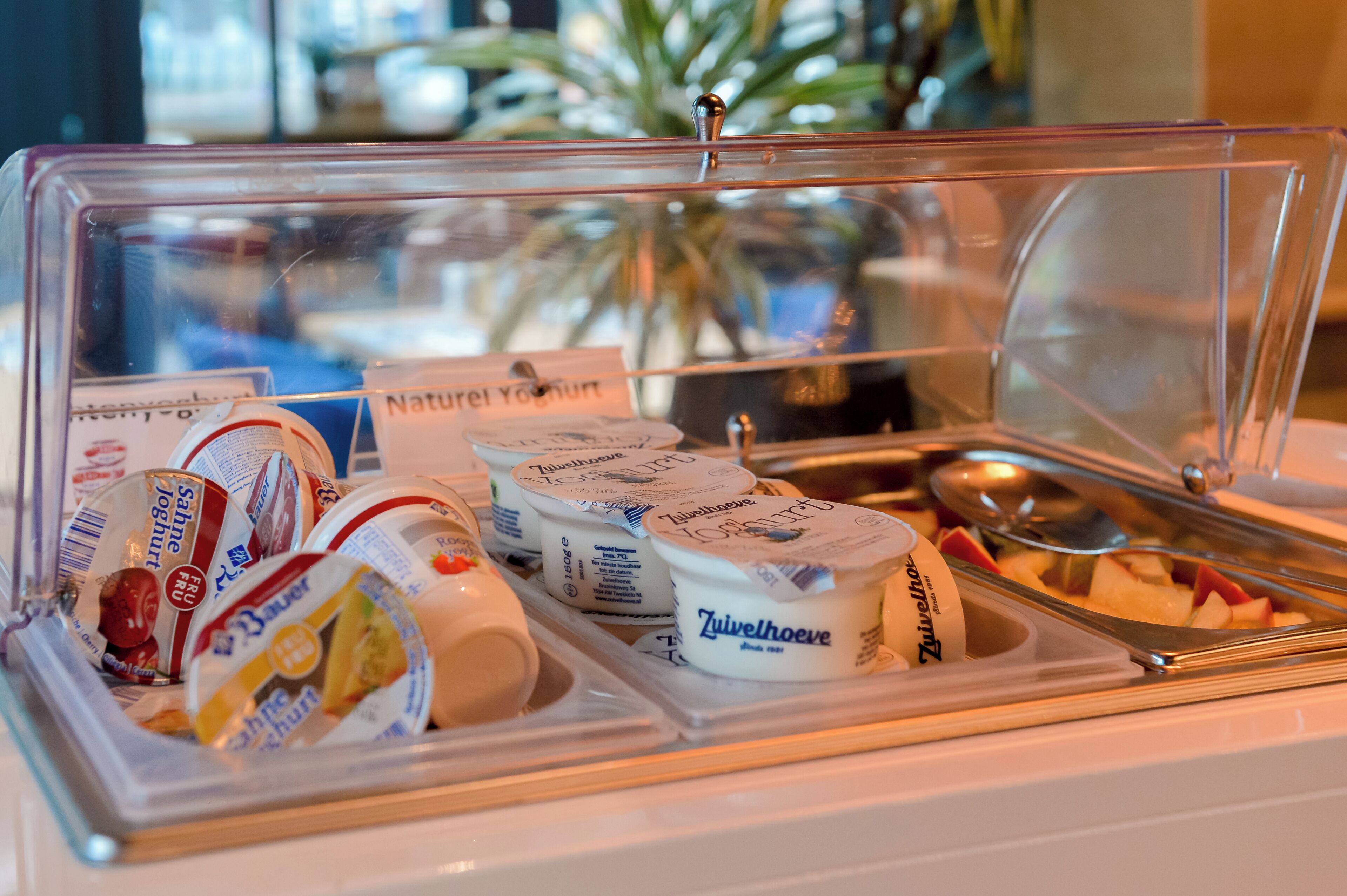Buffet com vários recipientes de iogurte, incluindo marcas como 'Naturel Yogurt' e 'Zulvelhoove'.