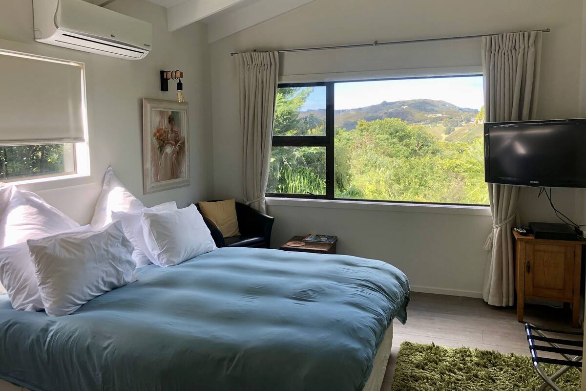 Quarto com cama, televisão, pintura e janela com vista para vegetação.