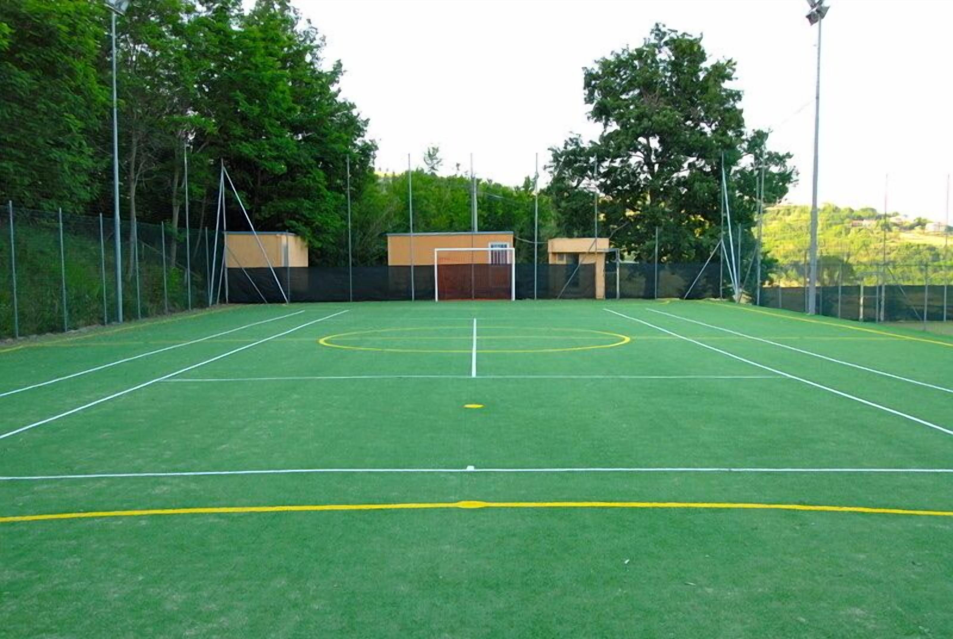 Uma quadra esportiva externa com um gol, cercada por árvores e uma grade.