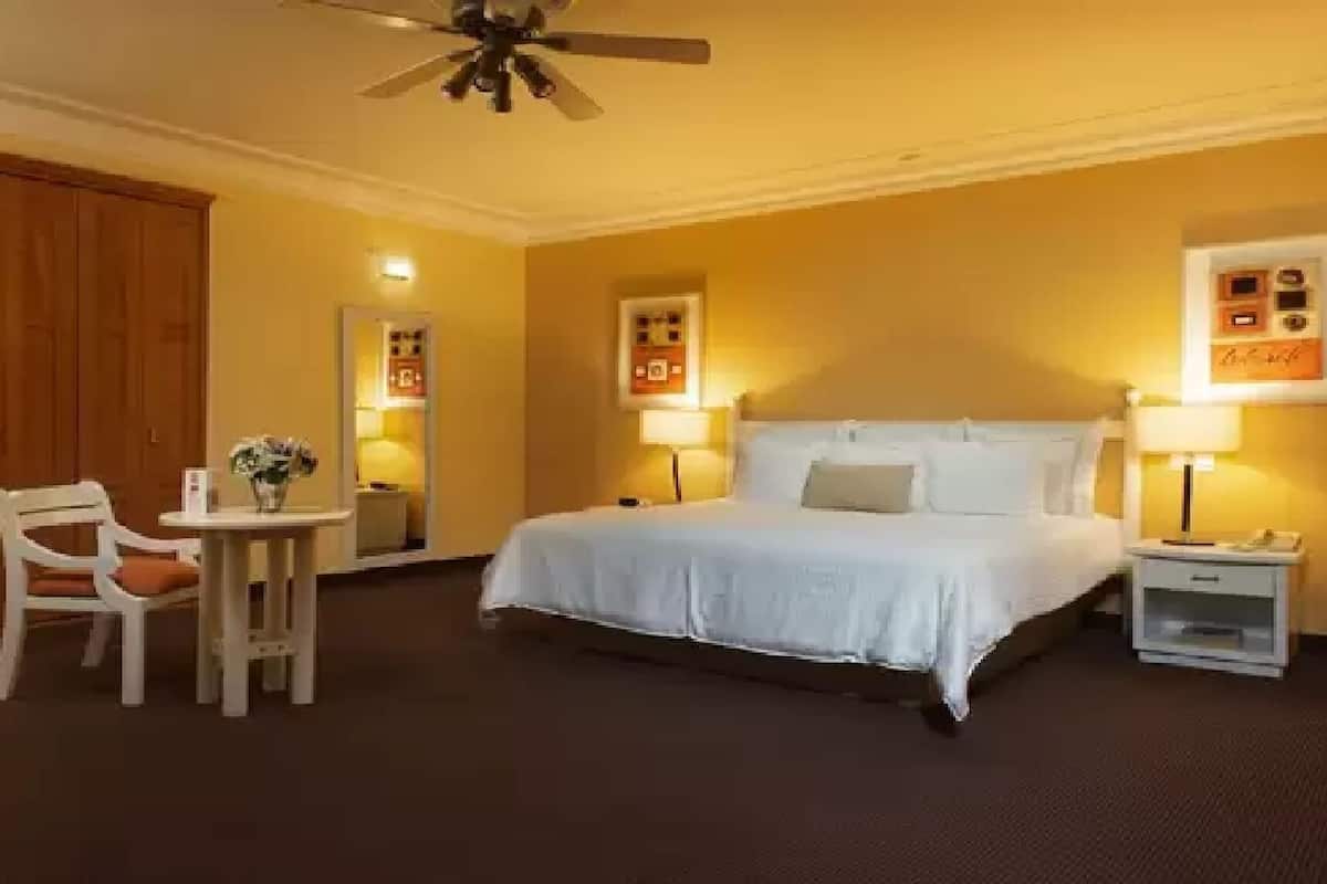 Quarto de hotel com cama, mesas de cabeceira, uma cadeira e ventoinha no teto.