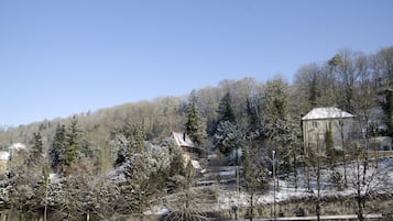 Cena de inverno com estrada, árvores e edifícios.