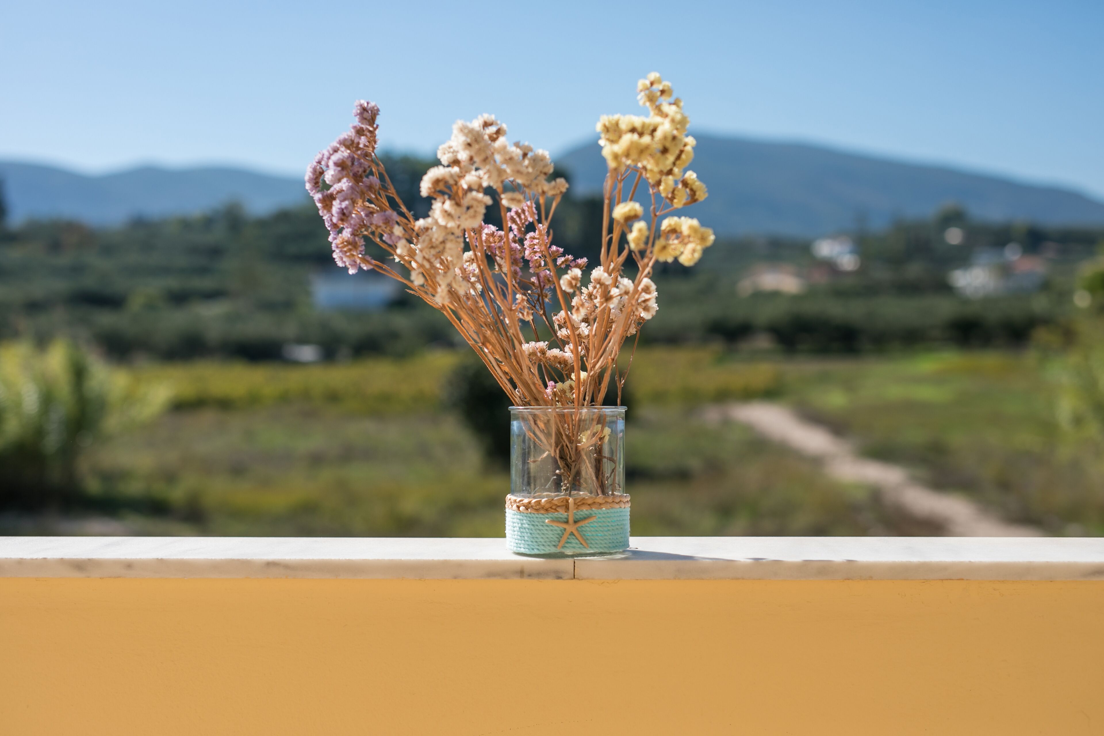 Um vaso de vidro com flores secas numa varanda com vista para uma paisagem verde e montanhas.