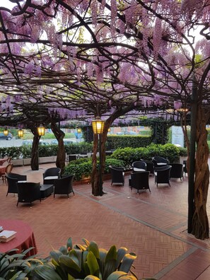 Área de estar ao ar livre com mesas e cadeiras sob um toldo de flores roxas, cercada por vegetação e com vista para um edifício ao fundo.