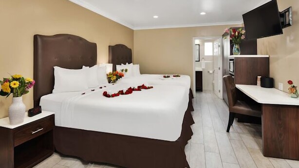 Quarto de hotel com uma cama grande, uma mesa, uma cadeira, uma TV e um vaso com flores.