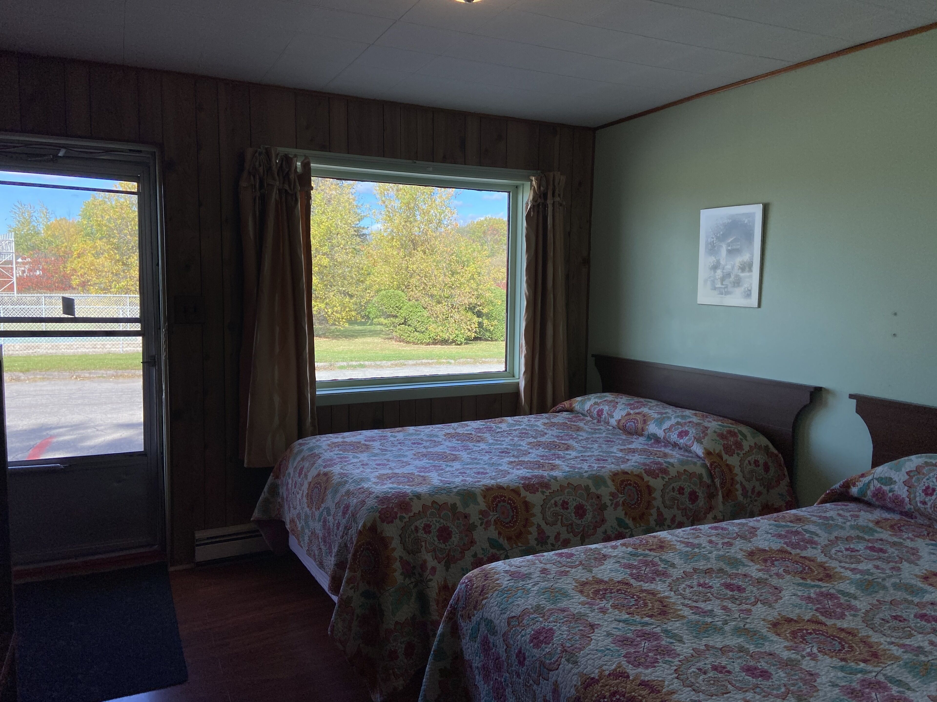 Quarto com duas camas, janela com cortinas, quadro pendurado na parede e vista para árvores e um estacionamento lá fora.