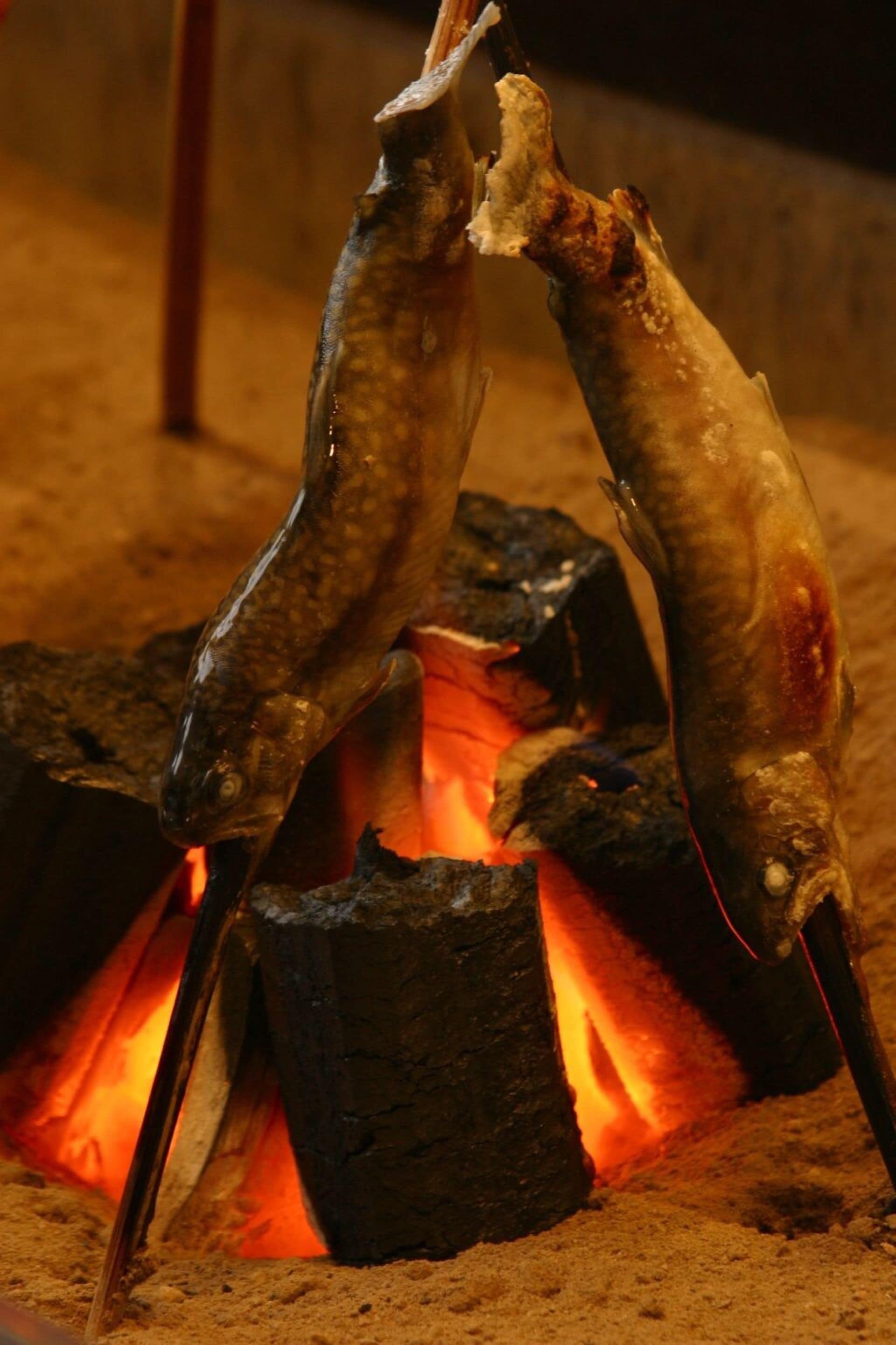 Dois peixes sendo grelhados sobre chama aberta.