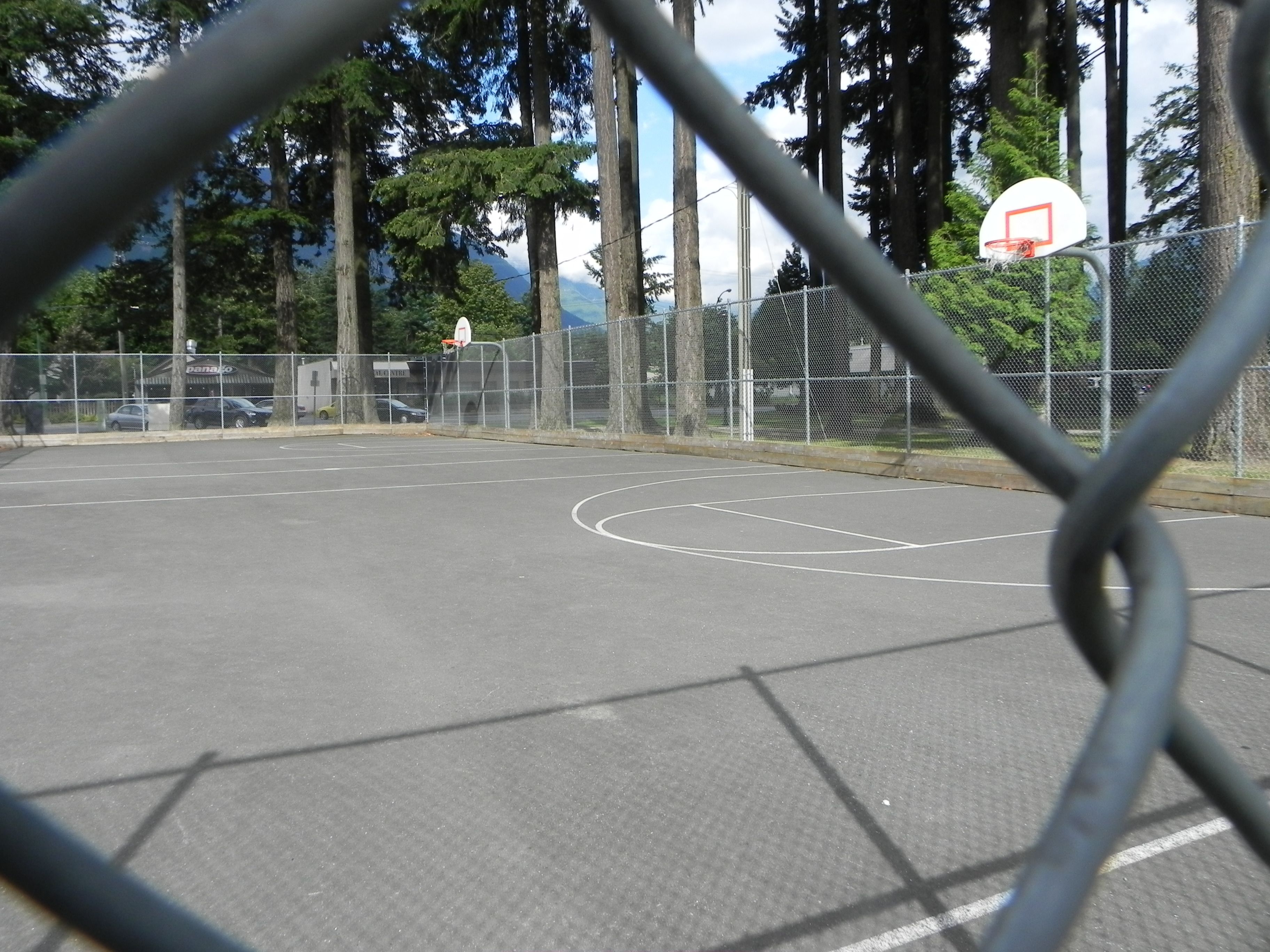 Quadra de basquete ao ar livre com cerca de arame, árvores e céu claro.