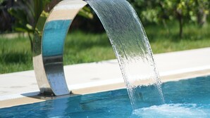 Visão nítida de uma piscina com um moderno e curvilíneo elemento aquático.