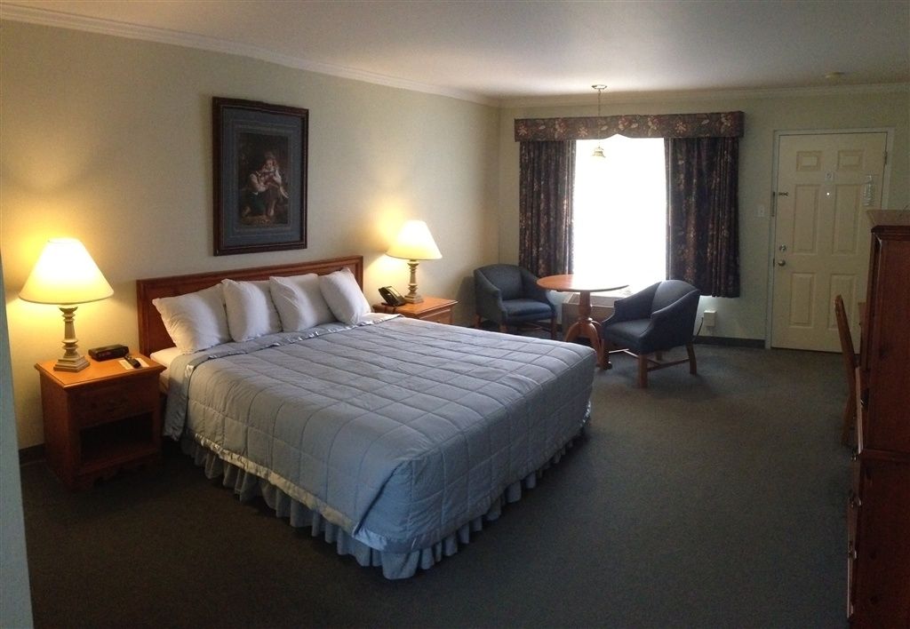 Quarto de hotel com uma cama grande, duas luminárias de cabeceira, uma cadeira, uma mesinha e uma porta.