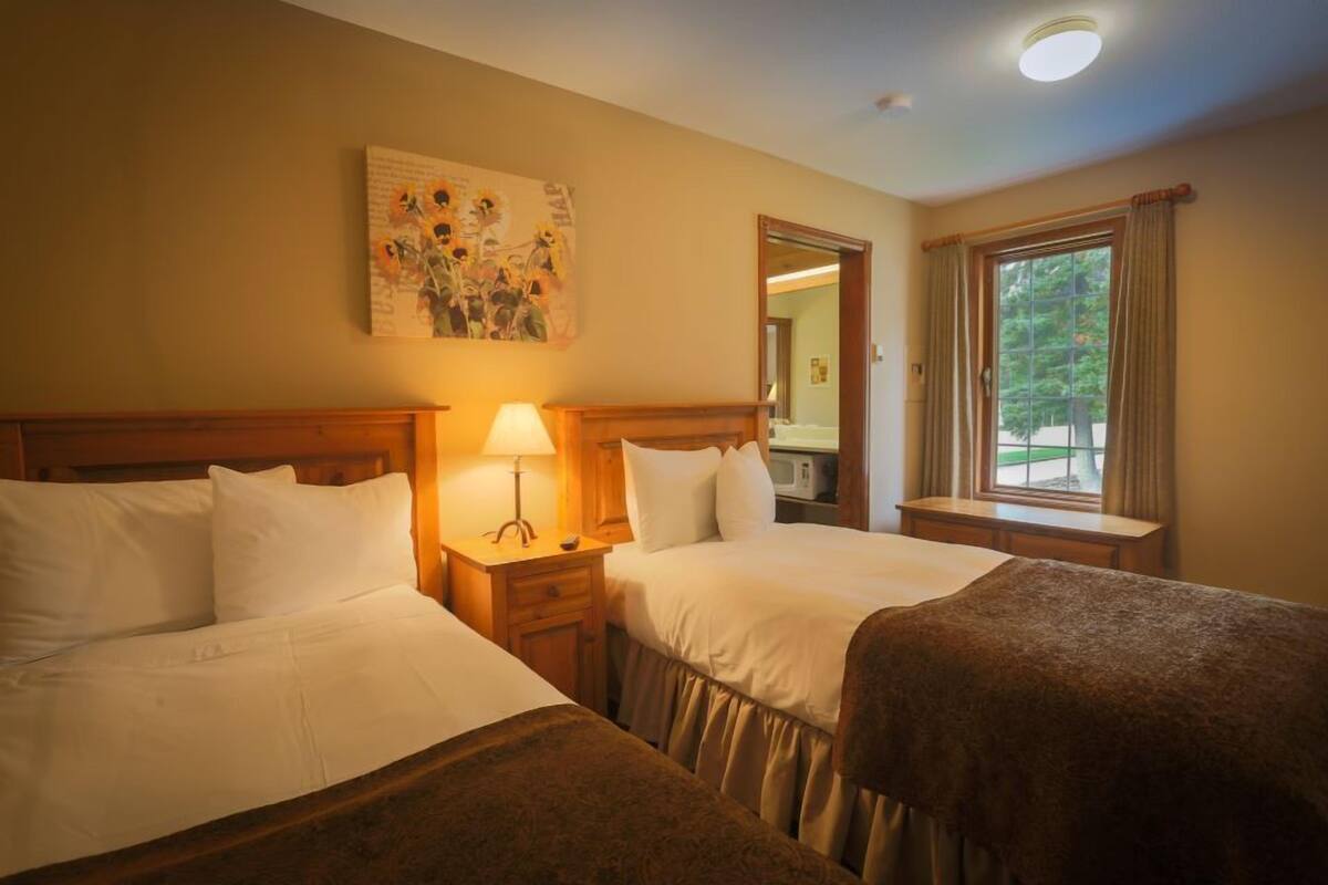 Quarto de hotel com duas camas, cabeceira de madeira, mesa de cabeceira com abajur, quadro na parede, janela com cortinas e vista para árvores.