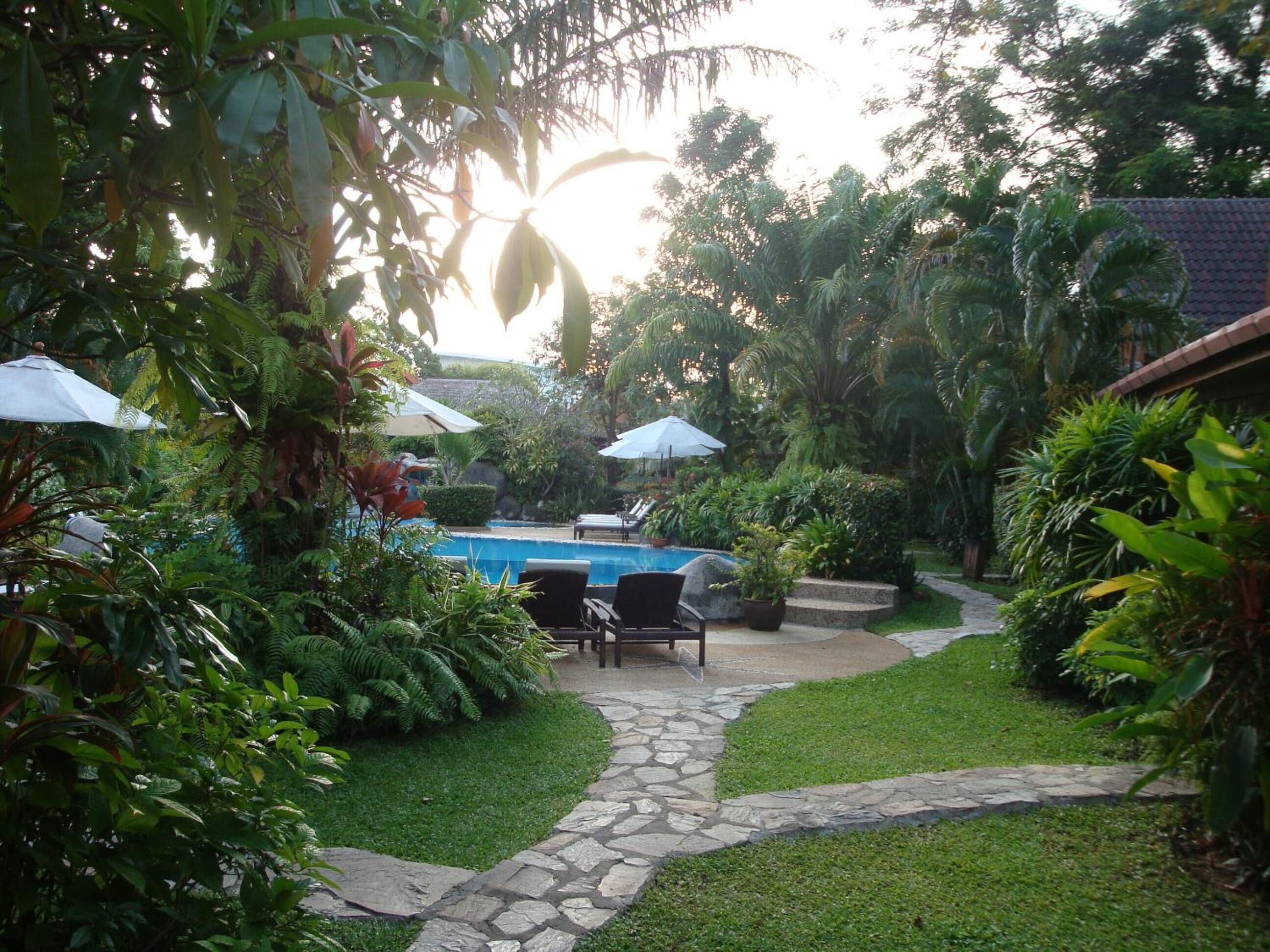 Uma área de piscina com caminhos de pedra, rodeada por vegetação exuberante e guarda-sóis.