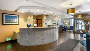 Uma área de recepção de hotel com balcão curvo de granito, várias luminárias pendentes, quadros nas paredes e uma grande janela que traz luz natural.