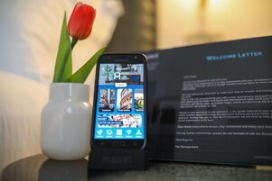 Um smartphone exibindo a interface de um aplicativo de viagens, com uma carta de boas-vindas e um vaso com uma tulipa vermelha.